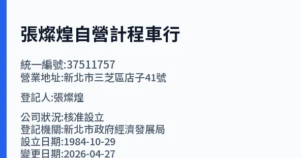 張燦煌自營計程車行的照片-統編 37511757(新北市) 公司登記資料與營業項目詳細圖表