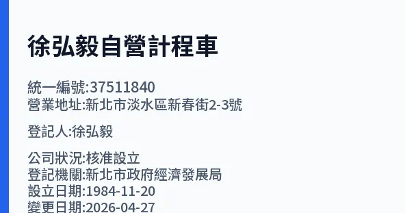 徐弘毅自營計程車的照片-統編 37511840(新北市) 公司登記資料與營業項目詳細圖表