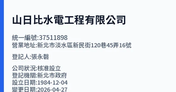 山日比水電工程有限公司的照片-統編 37511898(新北市) 公司登記資料與營業項目詳細圖表