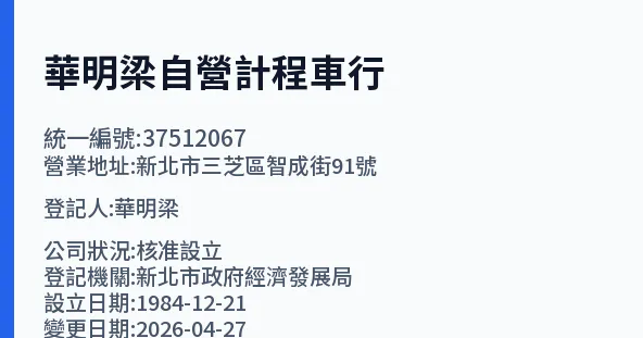 華明梁自營計程車行的照片-統編 37512067(新北市) 公司登記資料與營業項目詳細圖表