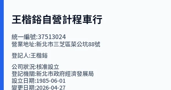 王楷鋊自營計程車行的照片-統編 37513024(新北市) 公司登記資料與營業項目詳細圖表