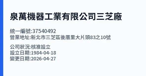 泉萬機器工業有限公司三芝廠的照片-統編 37540492(新北市) 公司登記資料與營業項目詳細圖表