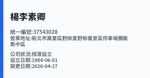 楊李素卿的照片-統編 37543028(新北市) 公司登記資料與營業項目詳細圖表