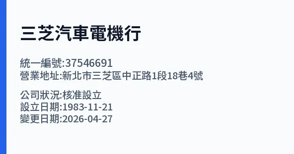 三芝汽車電機行的照片-統編 37546691(新北市) 公司登記資料與營業項目詳細圖表