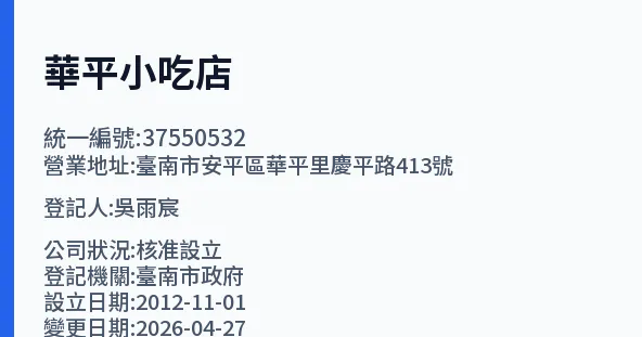 華平小吃店的照片-統編 37550532(臺南市) 公司登記資料與營業項目詳細圖表