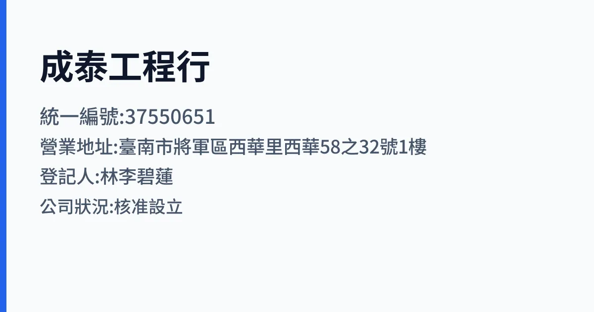 成泰工程行 - 統編 37550651(臺南市) 公司登記資料與營業項目詳細圖表