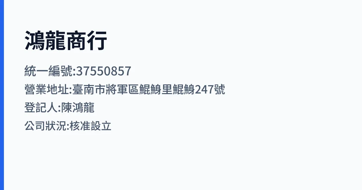 鴻龍商行 - 統編 37550857(臺南市) 公司登記資料與營業項目詳細圖表