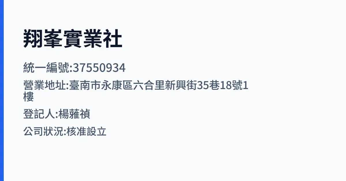 翔峯實業社 - 統編 37550934(臺南市) 公司登記資料與營業項目詳細圖表