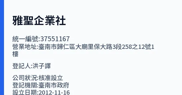 雅聖企業社的照片-統編 37551167(臺南市) 公司登記資料與營業項目詳細圖表