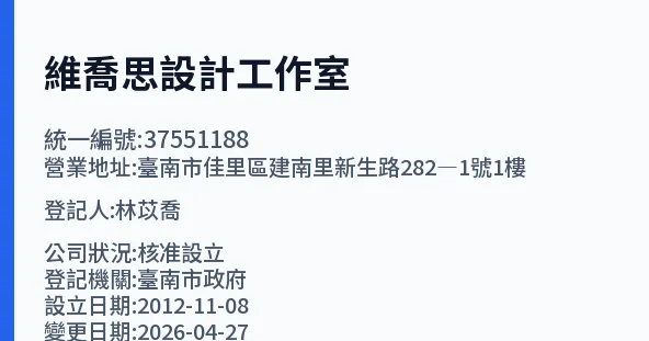 維喬思設計工作室的照片-統編 37551188(臺南市) 公司登記資料與營業項目詳細圖表