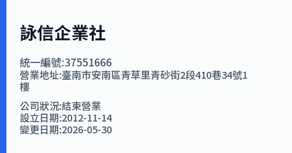 詠信企業社的照片-統編 37551666(臺南市) 公司登記資料與營業項目詳細圖表