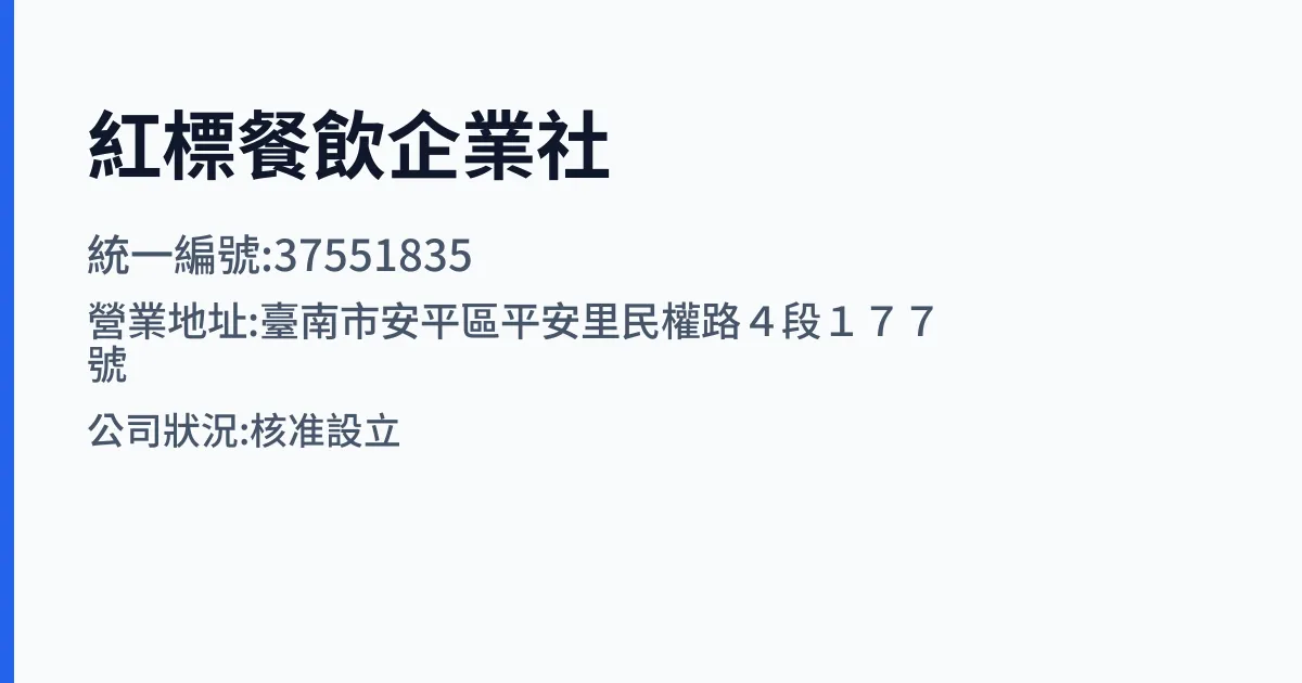 紅標餐飲企業社 - 統編 37551835(臺南市) 公司登記資料與營業項目詳細圖表