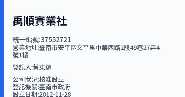 禹順實業社的照片-統編 37552721(臺南市) 公司登記資料與營業項目詳細圖表