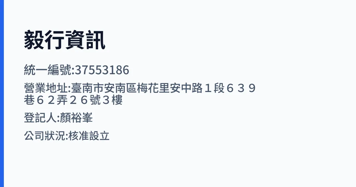 毅行資訊 - 統編 37553186(臺南市) 公司登記資料與營業項目詳細圖表