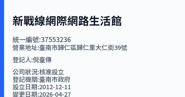 新戰線網際網路生活館的照片-統編 37553236(臺南市) 公司登記資料與營業項目詳細圖表