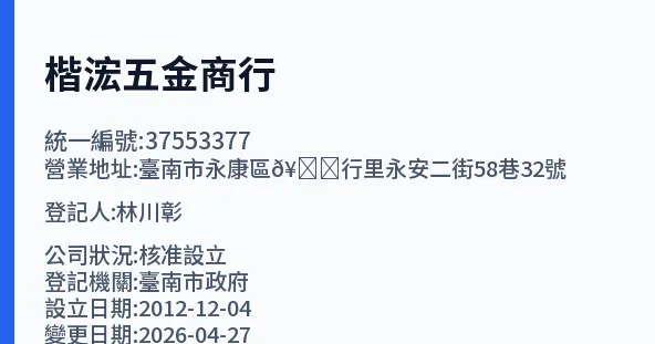 楷浤五金商行的照片-統編 37553377(臺南市) 公司登記資料與營業項目詳細圖表