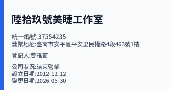 陸拾玖號美睫工作室的照片-統編 37554235(臺南市) 公司登記資料與營業項目詳細圖表