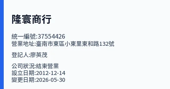 隆寰商行的照片-統編 37554426(臺南市) 公司登記資料與營業項目詳細圖表
