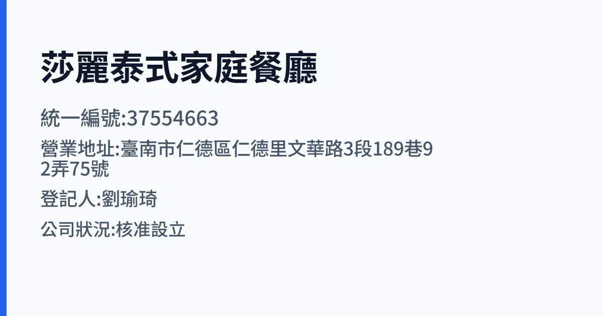 莎麗泰式家庭餐廳 - 統編 37554663(臺南市) 公司登記資料與營業項目詳細圖表