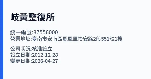 岐黃整復所的照片-統編 37556000(臺南市) 公司登記資料與營業項目詳細圖表