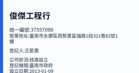 俊傑工程行的照片-統編 37557090(臺南市) 公司登記資料與營業項目詳細圖表