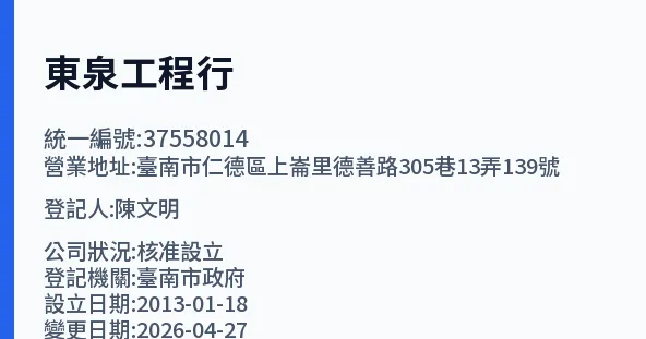 東泉工程行的照片-統編 37558014(臺南市) 公司登記資料與營業項目詳細圖表