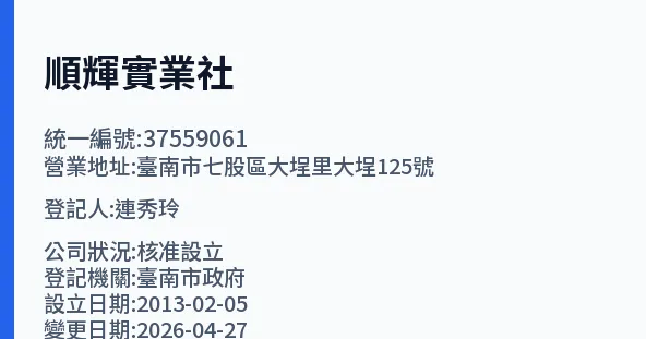 順輝實業社的照片-統編 37559061(臺南市) 公司登記資料與營業項目詳細圖表