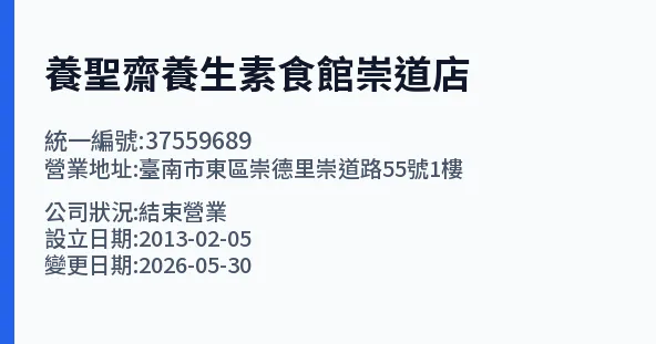 養聖齋養生素食館崇道店的照片-統編 37559689(臺南市) 公司登記資料與營業項目詳細圖表