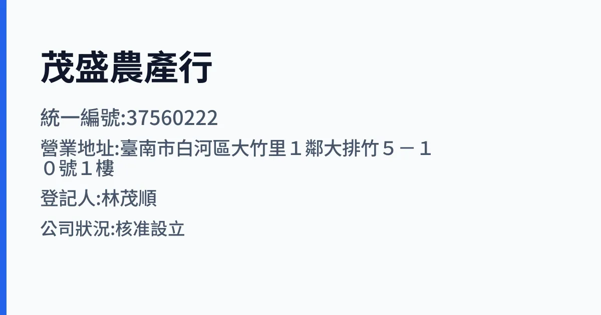 茂盛農產行 - 統編 37560222(臺南市) 公司登記資料與營業項目詳細圖表