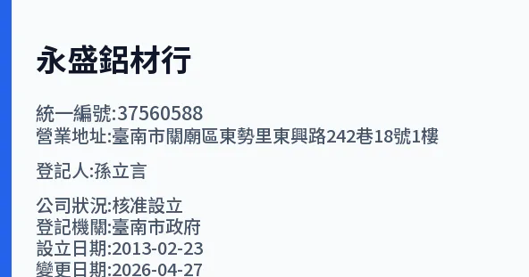 永盛鋁材行的照片-統編 37560588(臺南市) 公司登記資料與營業項目詳細圖表
