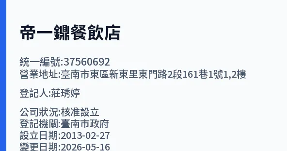 帝一鐤餐飲店的照片-統編 37560692(臺南市) 公司登記資料與營業項目詳細圖表