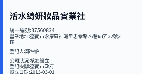 活水綺妍妝品實業社的照片-統編 37560834(臺南市) 公司登記資料與營業項目詳細圖表