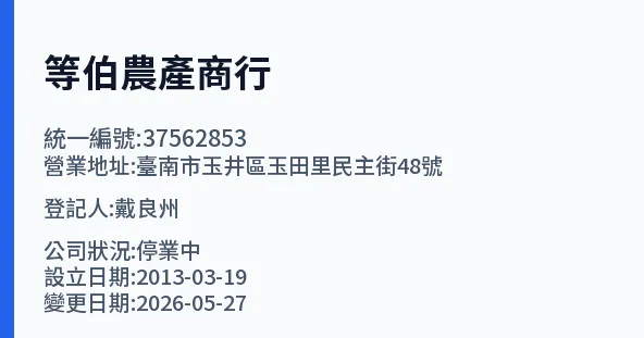 等伯農產商行的照片-統編 37562853(臺南市) 公司登記資料與營業項目詳細圖表