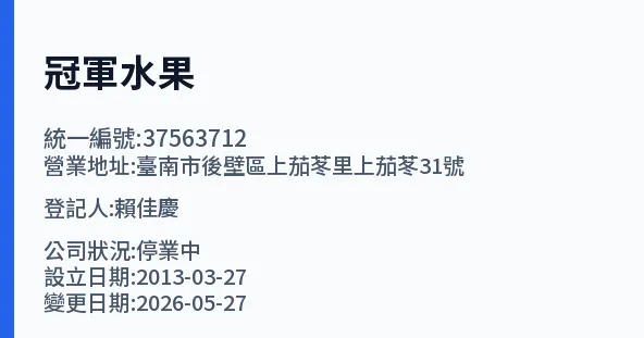 冠軍水果的照片-統編 37563712(臺南市) 公司登記資料與營業項目詳細圖表