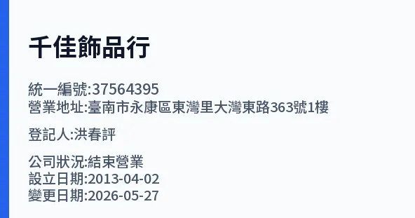 千佳飾品行的照片-統編 37564395(臺南市) 公司登記資料與營業項目詳細圖表