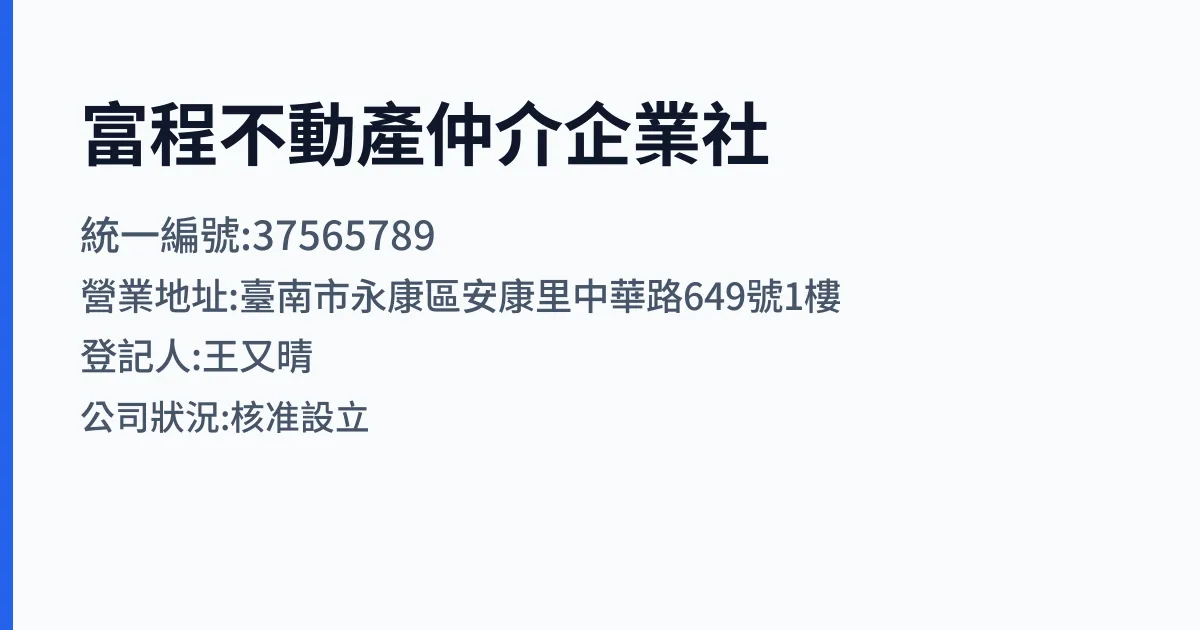 富程不動產仲介企業社 - 統編 37565789(臺南市) 公司登記資料與營業項目詳細圖表