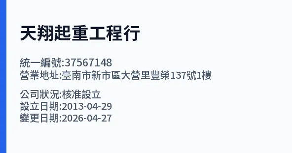 天翔起重工程行的照片-統編 37567148(臺南市) 公司登記資料與營業項目詳細圖表