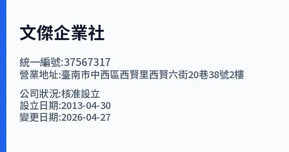 文傑企業社的照片-統編 37567317(臺南市) 公司登記資料與營業項目詳細圖表