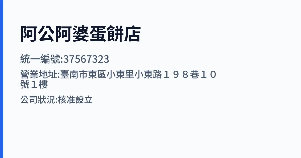 阿公阿婆蛋餅店 - 統編 37567323(臺南市) 公司登記資料與營業項目詳細圖表