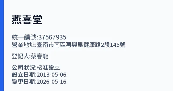 燕喜堂的照片-統編 37567935(臺南市) 公司登記資料與營業項目詳細圖表
