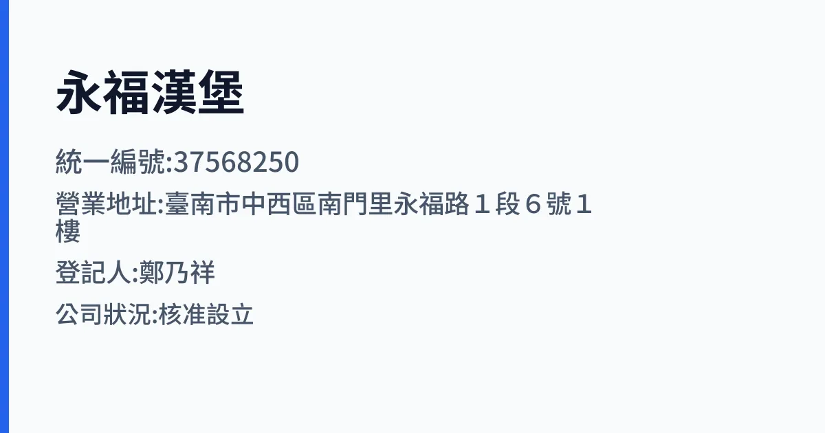 永福漢堡 - 統編 37568250(臺南市) 公司登記資料與營業項目詳細圖表