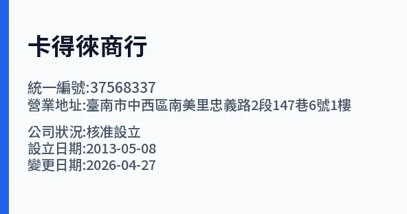 卡得徠商行的照片-統編 37568337(臺南市) 公司登記資料與營業項目詳細圖表