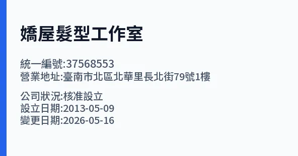 嬌屋髮型工作室的照片-統編 37568553(臺南市) 公司登記資料與營業項目詳細圖表