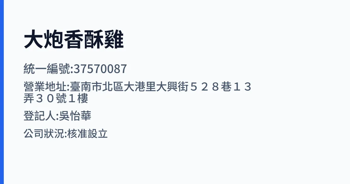 大炮香酥雞 - 統編 37570087(臺南市) 公司登記資料與營業項目詳細圖表