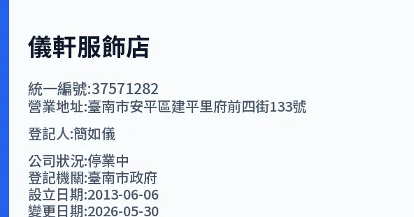 儀軒服飾店的照片-統編 37571282(臺南市) 公司登記資料與營業項目詳細圖表