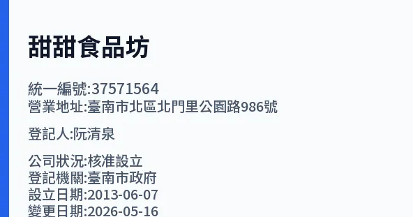 甜甜食品坊的照片-統編 37571564(臺南市) 公司登記資料與營業項目詳細圖表
