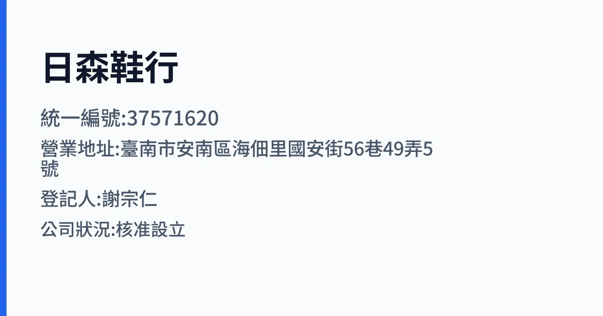 日森鞋行 - 統編 37571620(臺南市) 公司登記資料與營業項目詳細圖表