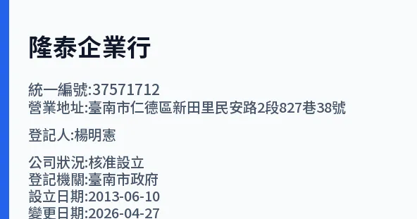 隆泰企業行的照片-統編 37571712(臺南市) 公司登記資料與營業項目詳細圖表