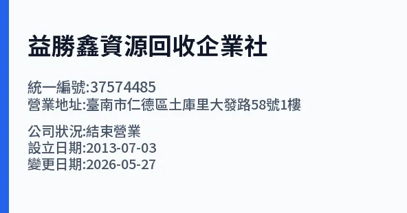 益勝鑫資源回收企業社的照片-統編 37574485(臺南市) 公司登記資料與營業項目詳細圖表