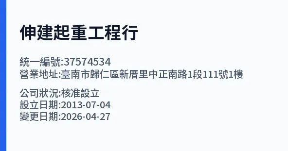 伸建起重工程行的照片-統編 37574534(臺南市) 公司登記資料與營業項目詳細圖表